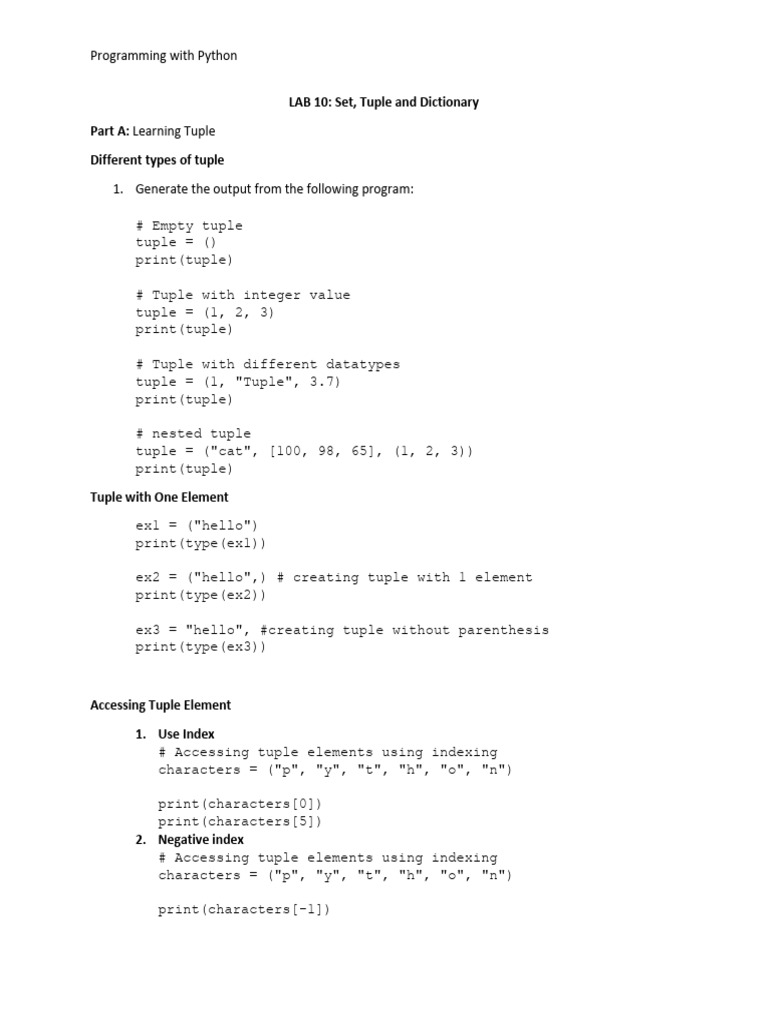Lab 10 Set Tuple And Dictionary Pdf Python Programming Language Computer Science