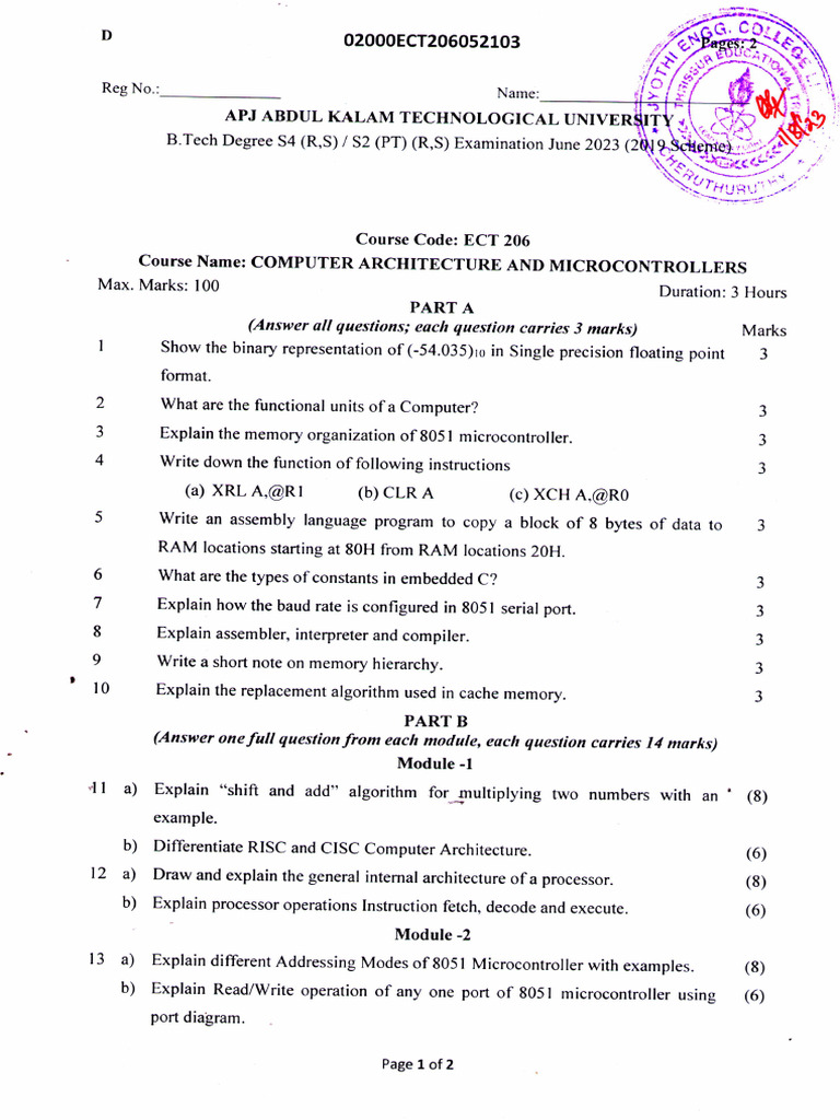 Ect206 Computer Architecture and Microcontrollers, June 2023 | PDF | Cpu Cache | Office Equipment