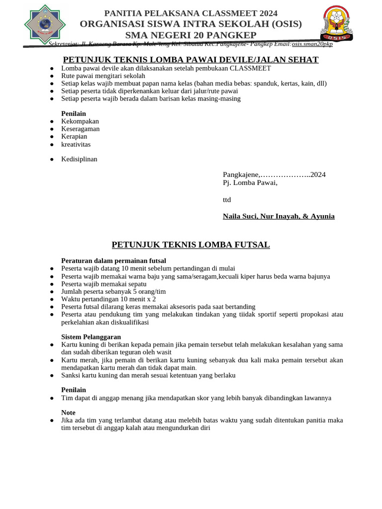 Draft Juknis Lomba Classmeet 2024 | PDF