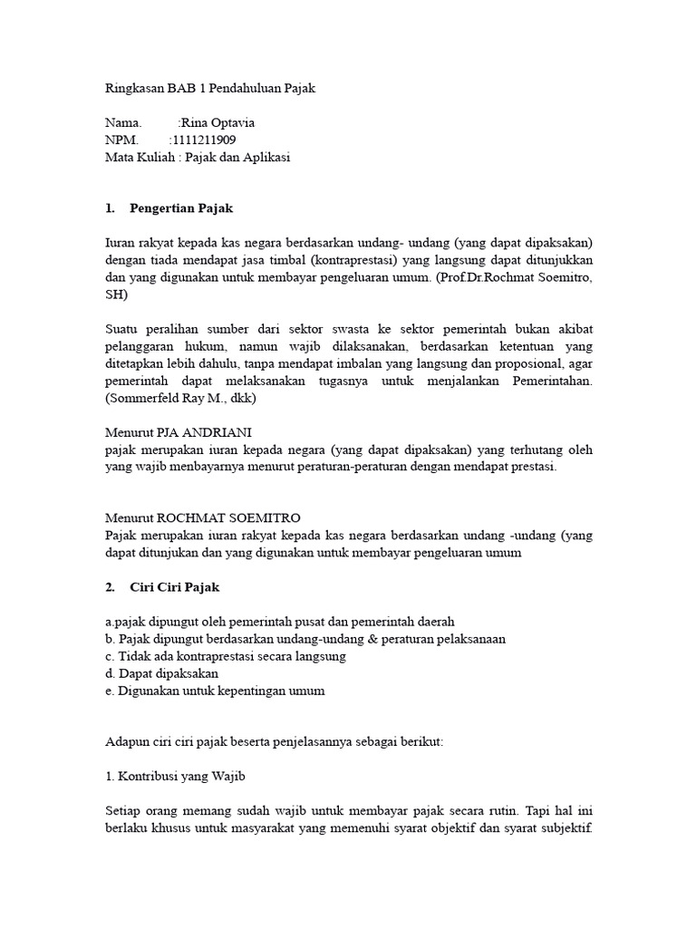 Ringkasan BAB 1 Pajak Dan Aplikasi - Rina Optavia (1111211909 | PDF
