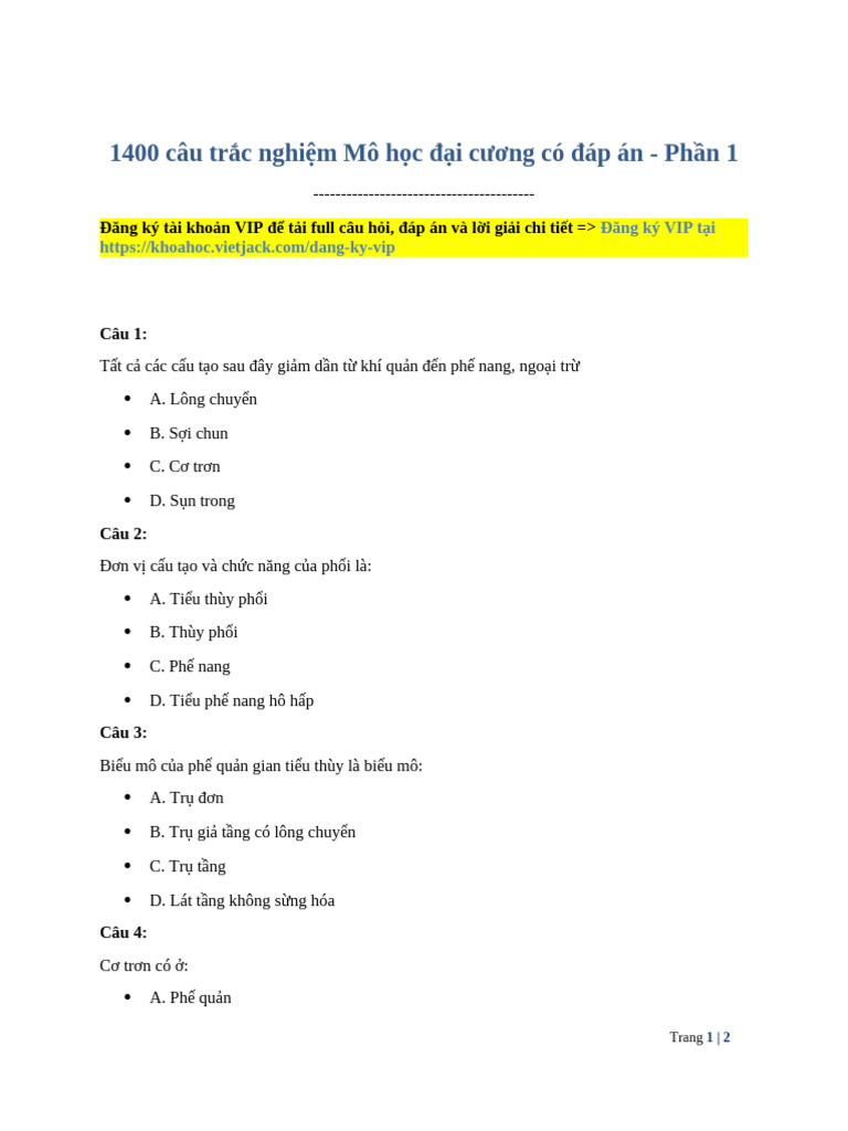 1400 Cau Trac Nghiem Mo Hoc Dai Cuong Co Dap An Phan 1 - 2024 - 12 - 29 | PDF