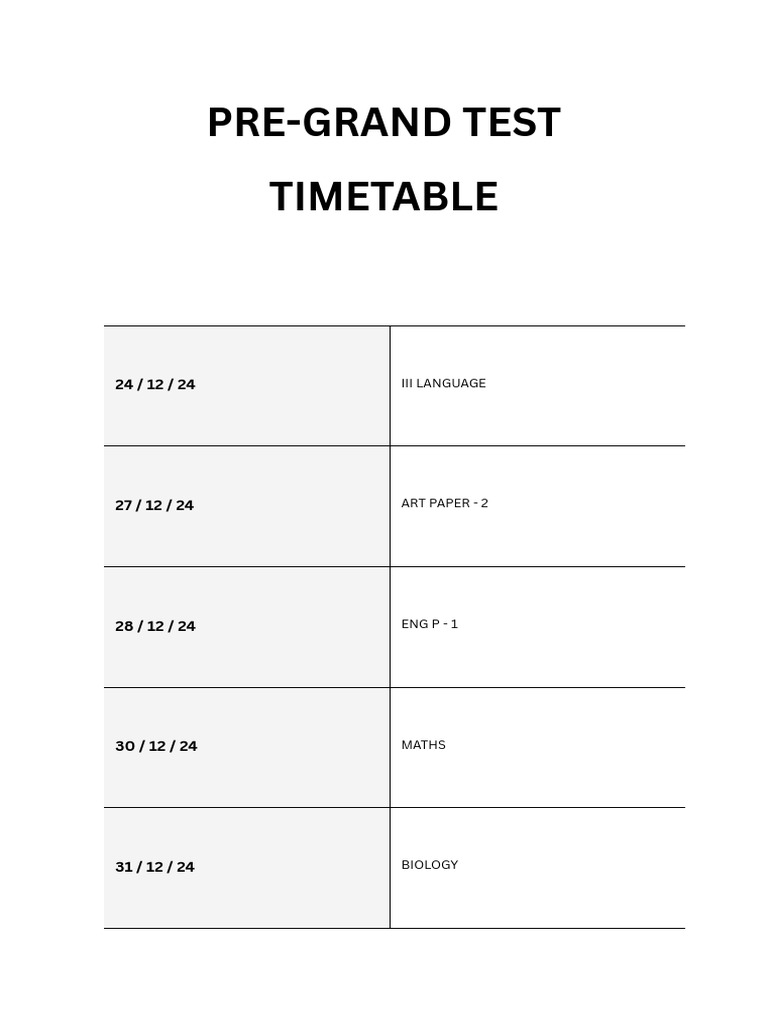Pre-grand Test Timetable | PDF Pre-grand Test Timetable | PDF