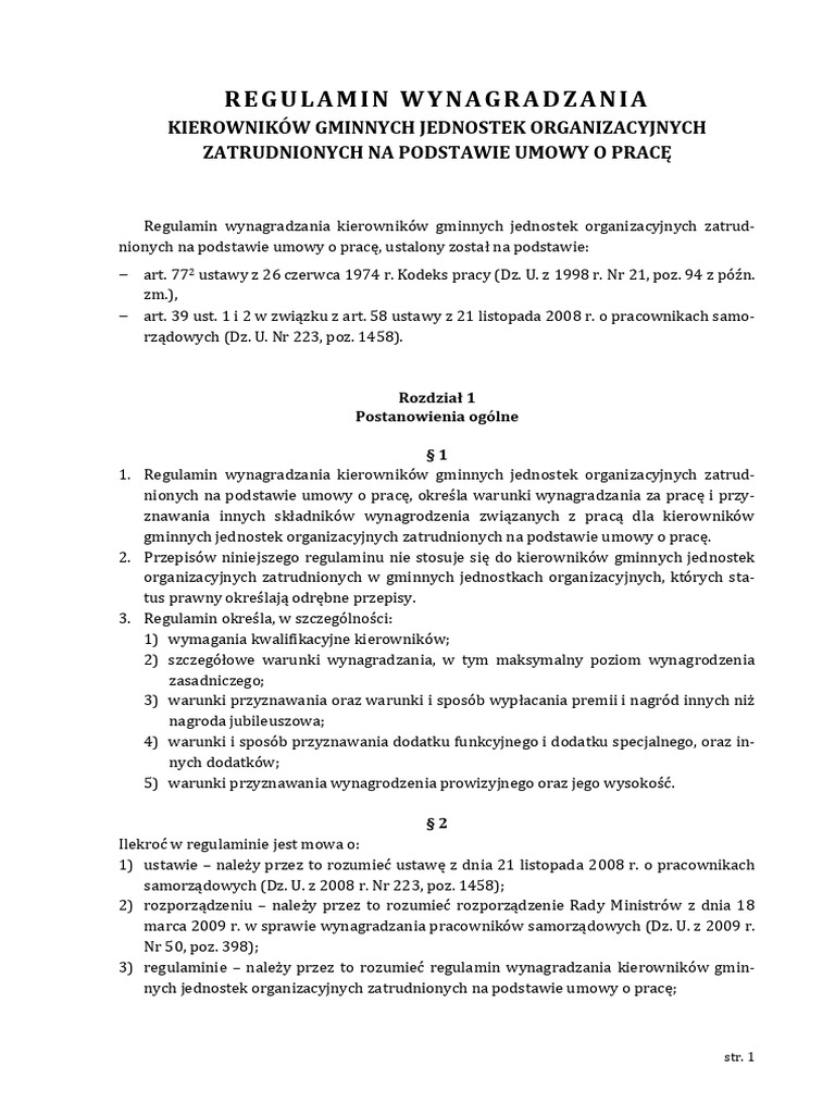 Regulamin Wynagradzania: Kierowników Gminnych Jednostek Organizacyjnych ...