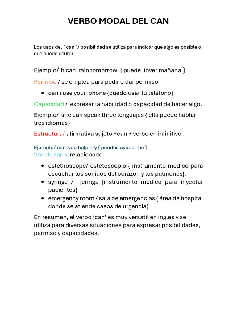 Usos del verbo modal "can" en inglés | PDF