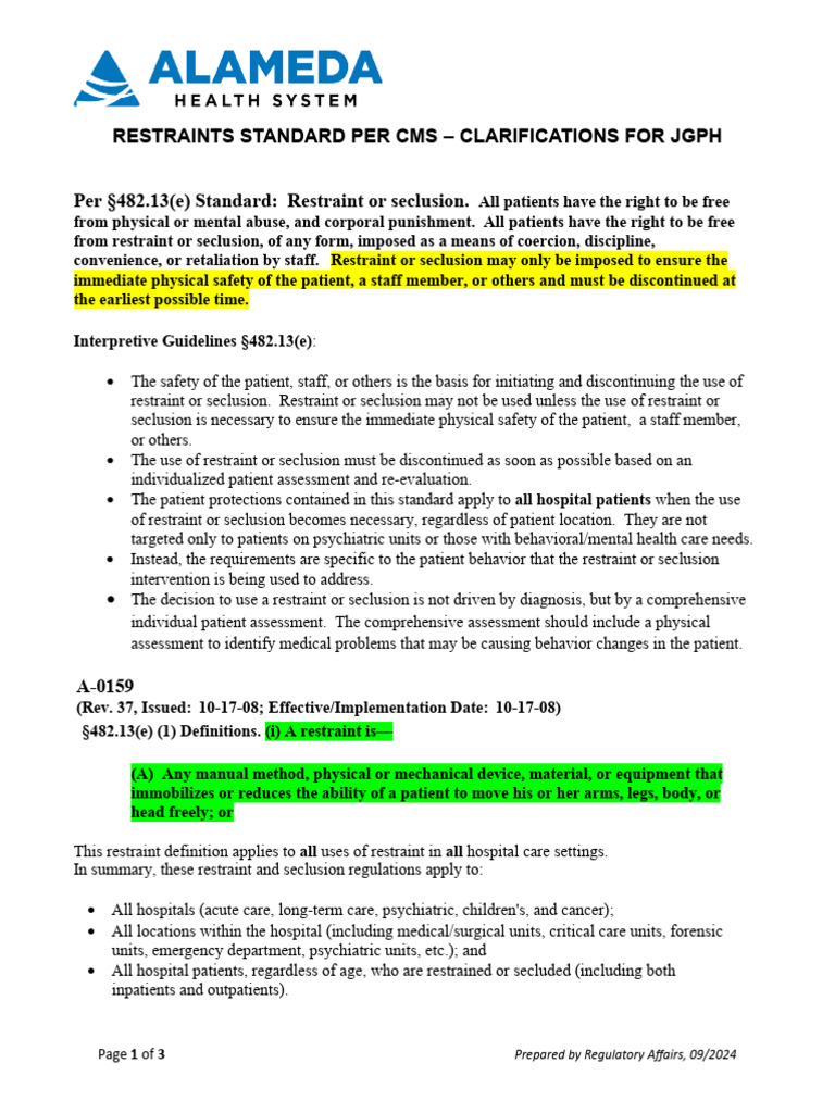 CMS Restraints Claifications For JGPH - 09 2024 v2 | PDF | Patient ...