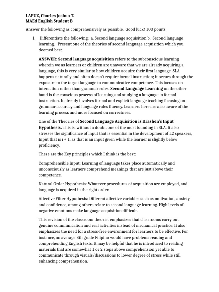 Lapuz, Charles Joshua T. Final Exam in 501 | PDF | Second Language ...