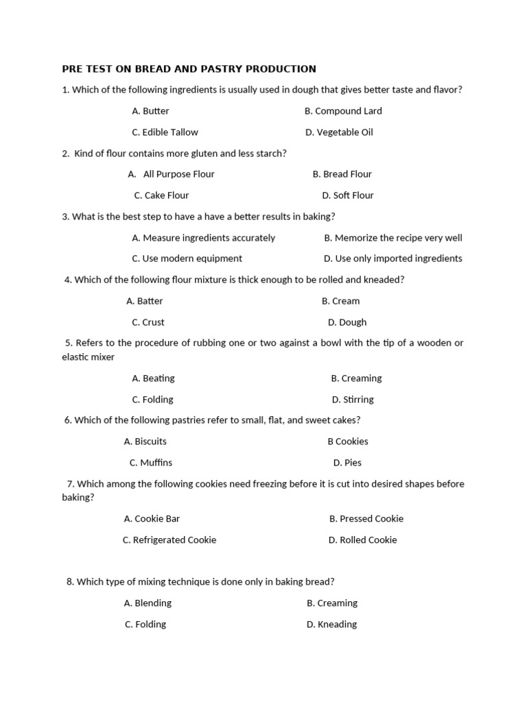 Bread and Pastry Production Pre-Test | PDF | Cakes | Breads