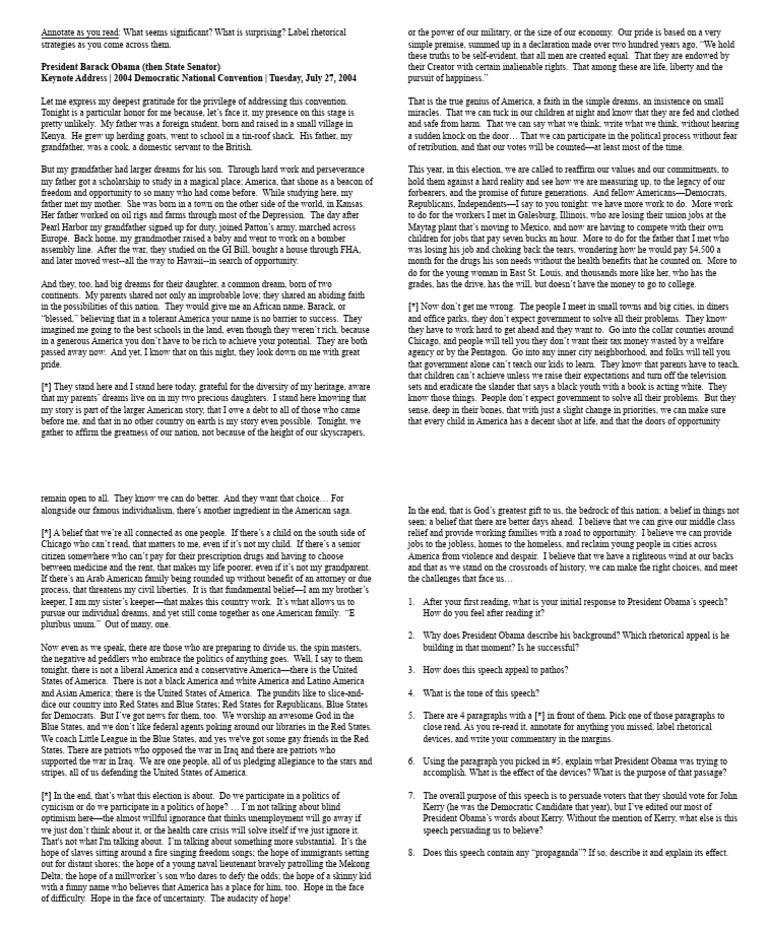 Obama’s 2004 DNC Keynote Address | PDF | Red States And Blue States