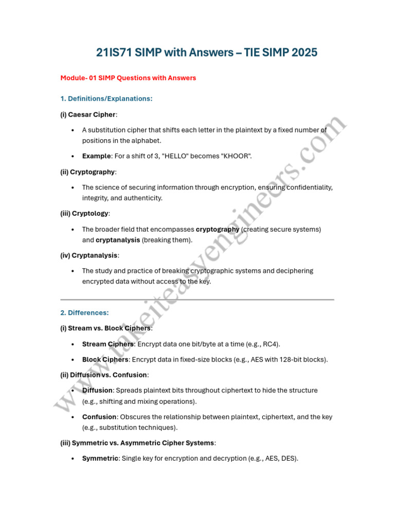 21IS71 SIMP Cryptography Overview | PDF | Public Key Cryptography | Key ...