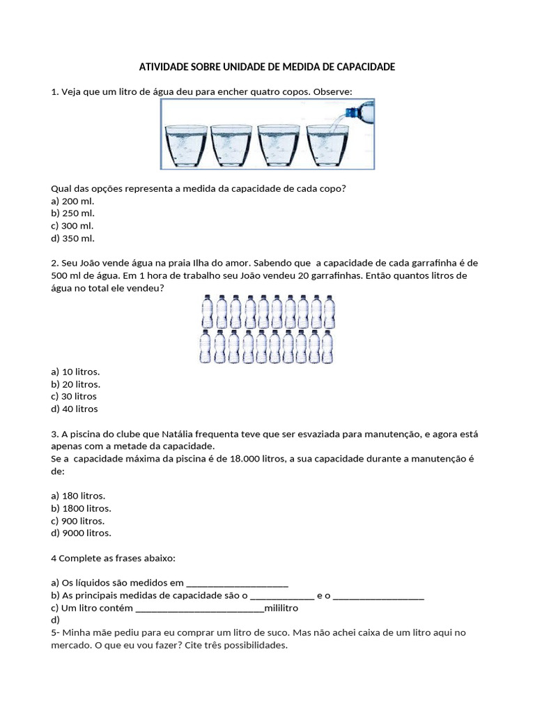 ATIVIDADE SOBRE UNIDADE DE MEDIDA DE CAPACIDADE | PDF
