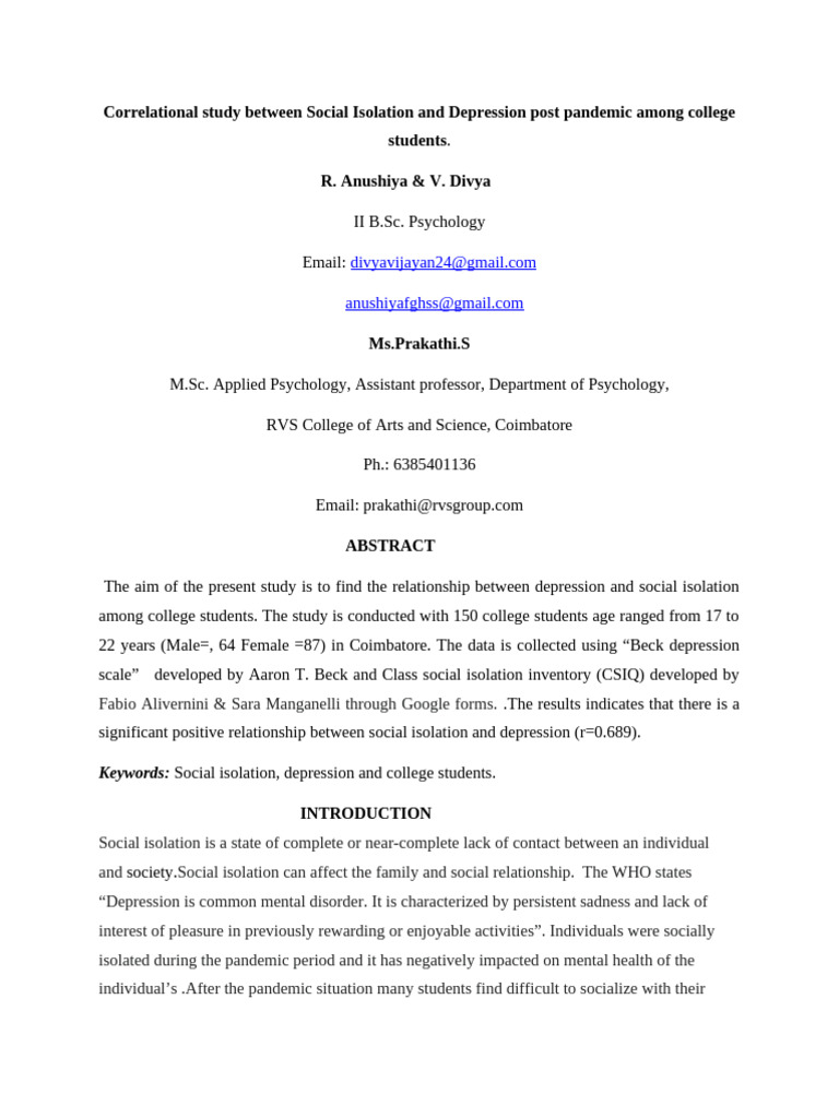 Social Isolation and Depression in Students | PDF | Major Depressive ...