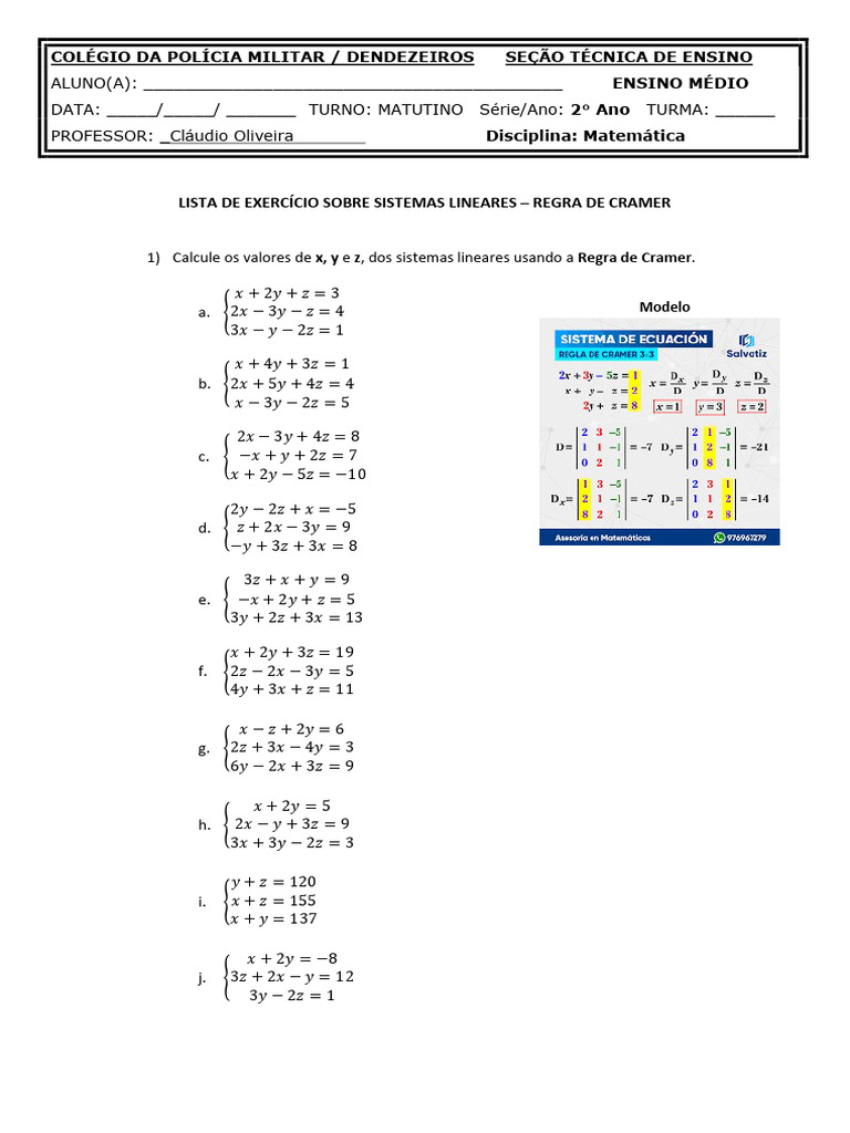 Lista de Exerc-cio Sobre Sistemas Lineares - Regra de Cramer | PDF