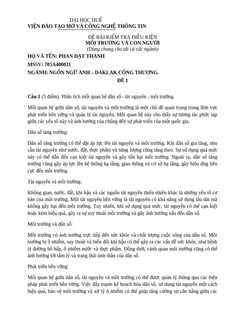 Môi Trư NG & Con Ngư I - Phan Đ T Thành - 705a500031 - Nna Daklak Công Thương | PDF