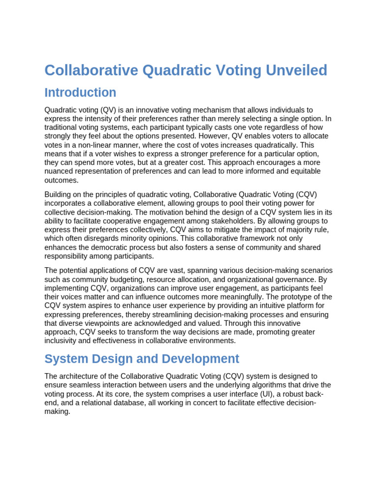 Collaborative Quadratic Voting Unveiled | PDF | Usability | Databases