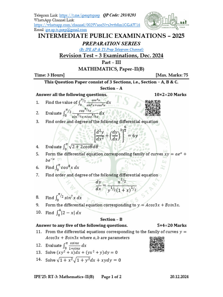 IPE'25 RT-3 Mathematics-II (B) | PDF | Equations | Mathematical Objects