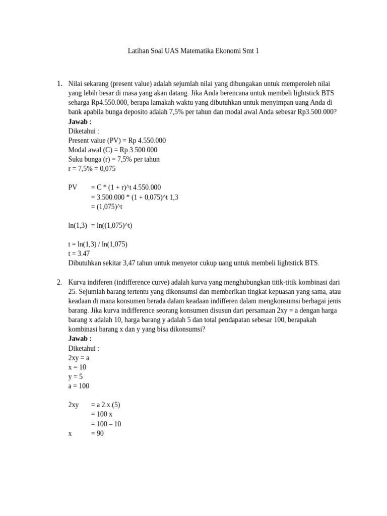 Latihan Soal UAS Matematika Ekonomi SMT 1 | PDF