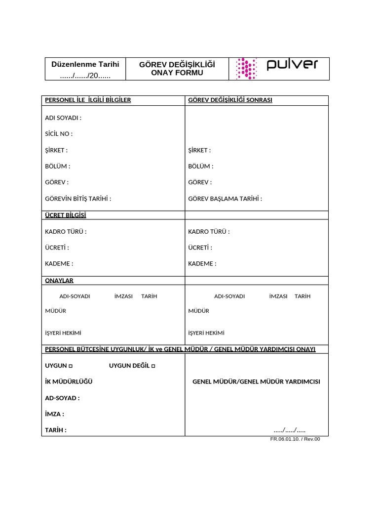 FR.06.01.10. Görev Değişikliği Onay Formu. Rev.00. | PDF FR.06.01.10. Görev Değişikliği Onay Formu. Rev.00. | PDF