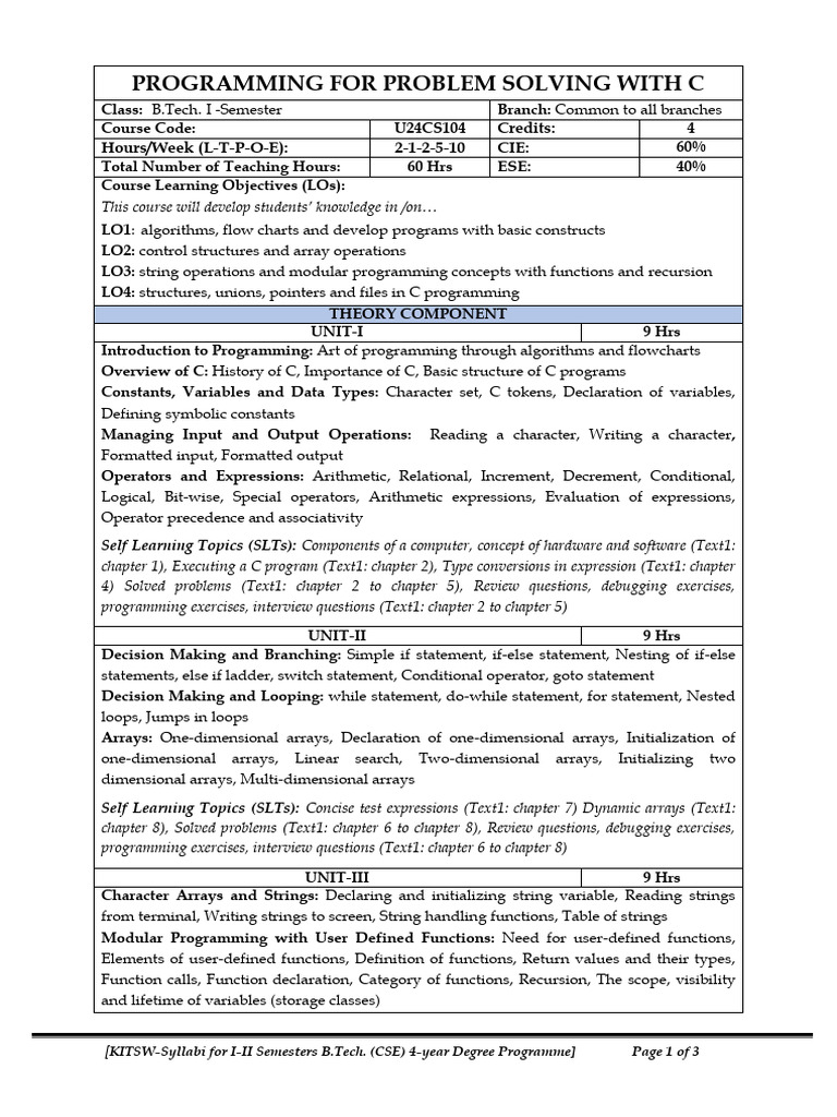 U24CS104 PPSC Theory Lab Syllabus | PDF | Pointer (Computer Programming) | Control Flow