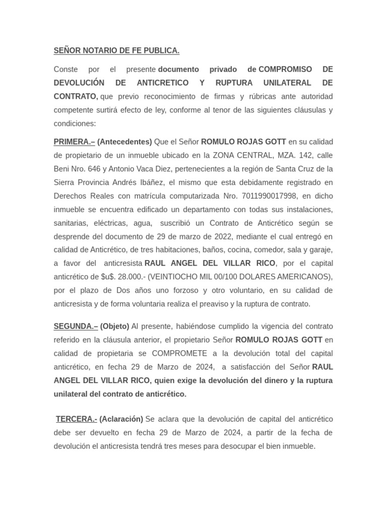 Compromiso de Devolucion de Anticretico. | PDF
