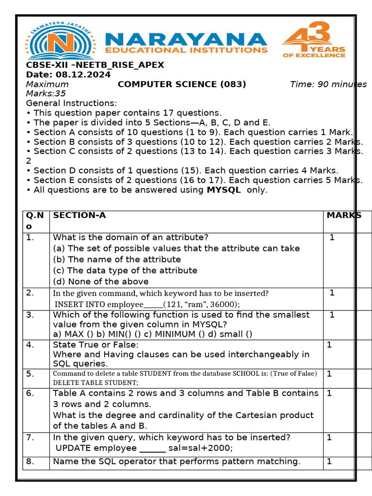 CBSE Class 12 Computer Science Exam | PDF | Data | Databases