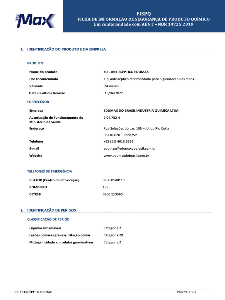 Edumax - Gel Antisséptico Edumax - Fispq - Armac | PDF