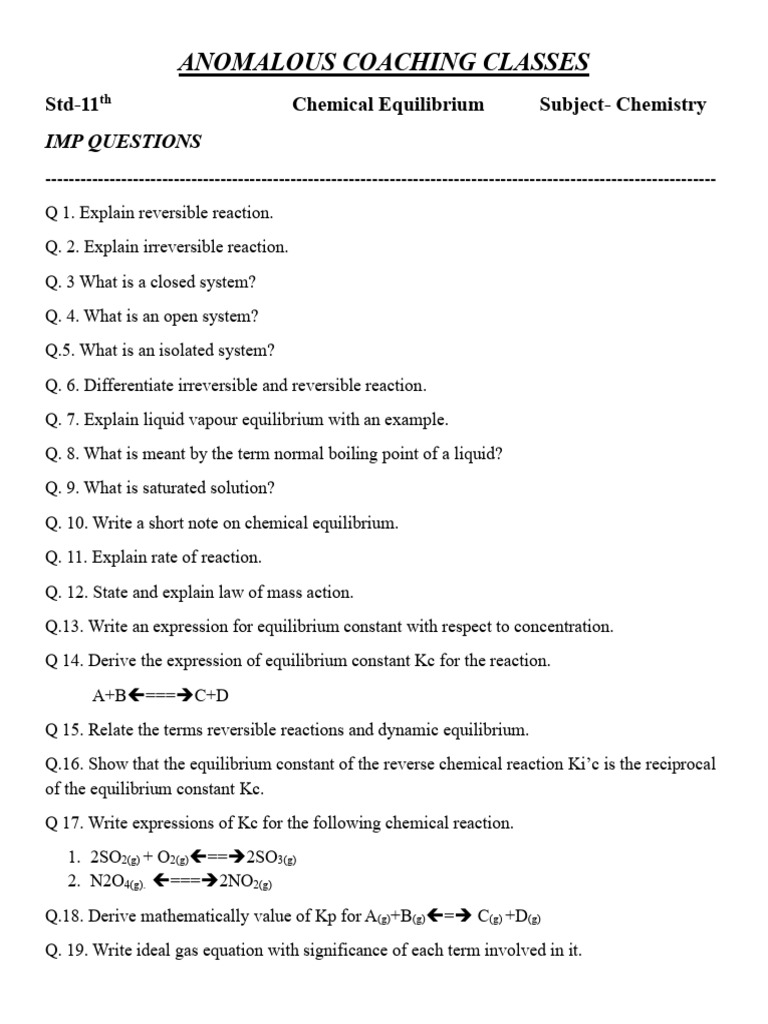 Key Chemical Equilibrium Questions | PDF | Chemical Equilibrium | Chemistry