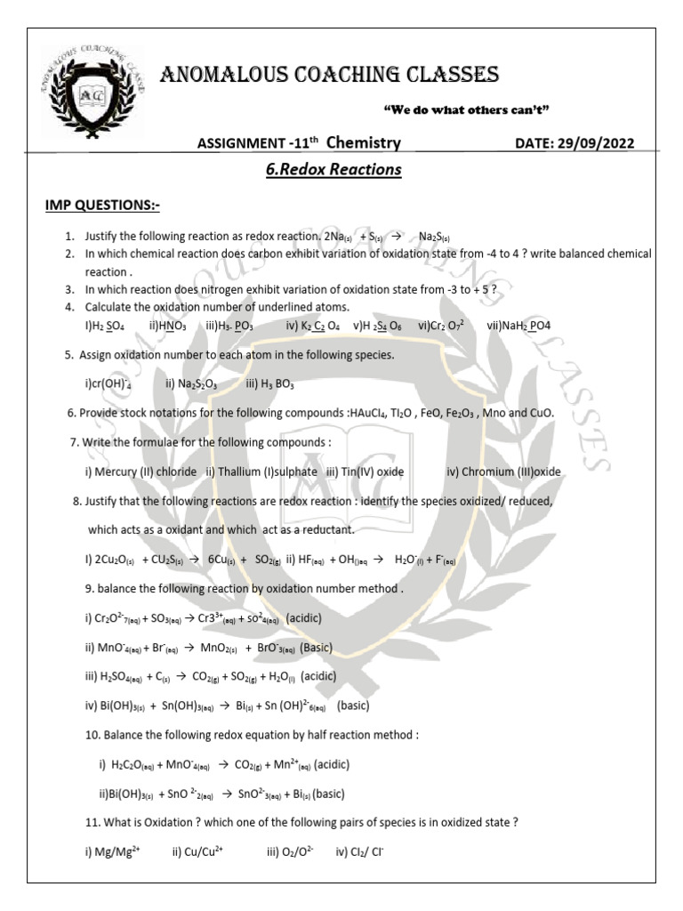 Assignment-6. Redox Reaction | PDF | Redox | Chemical Reactions