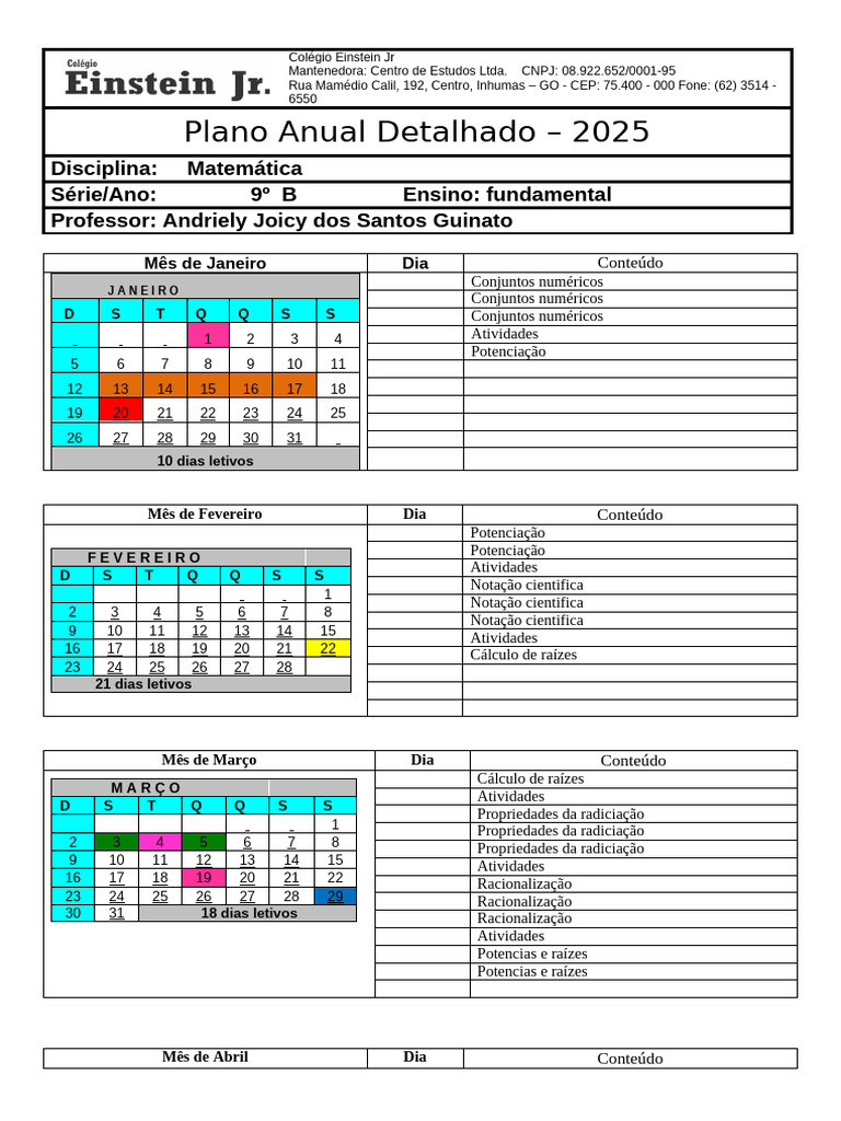 Planejamento Anual Detalhado Einstein (9º Ano B) - 2025 | PDF ...