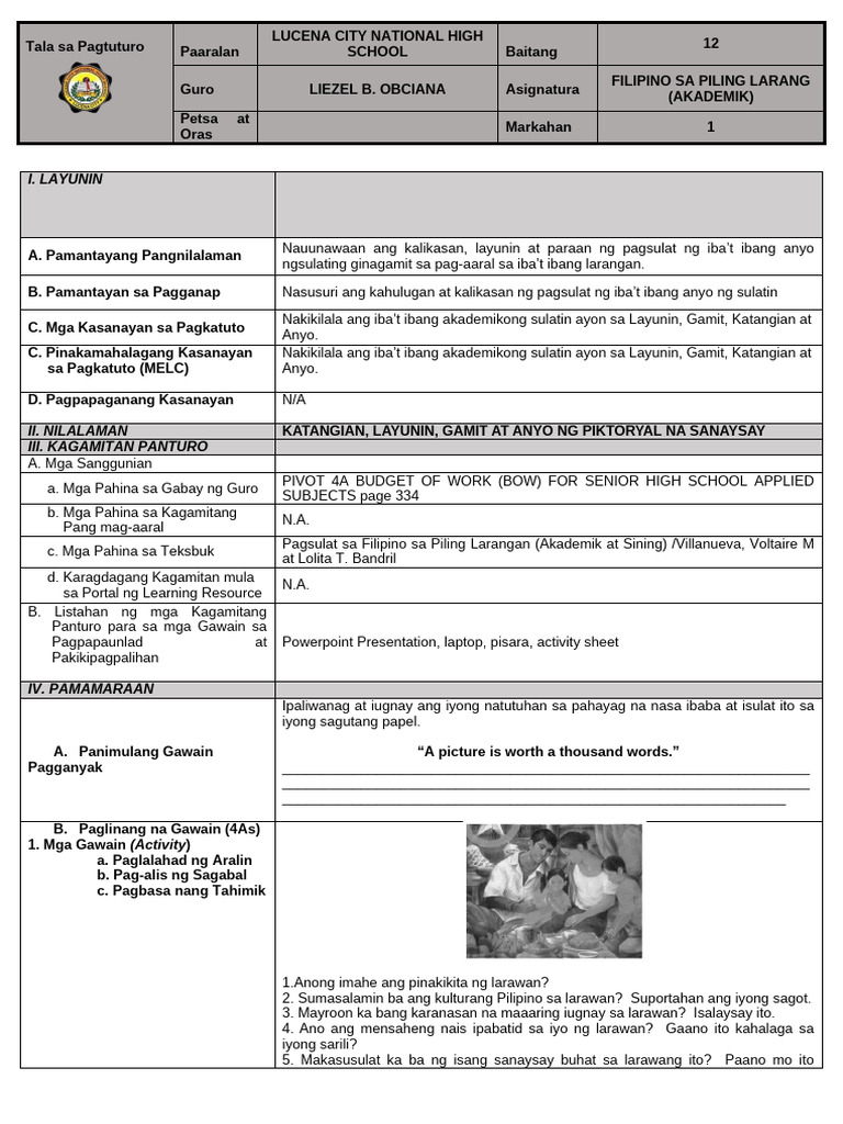 Quarter 1 - Day 13 - Katangian, Layunin, Gamit at Anyo NG Piktoryal Na ...