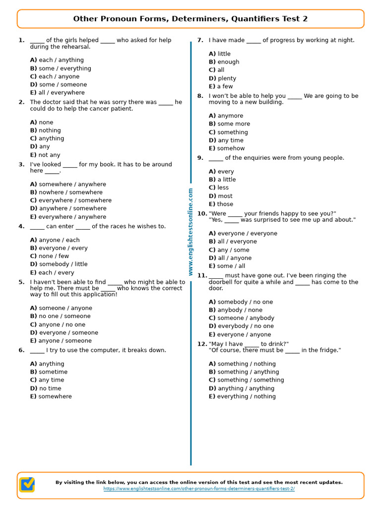 1814 - Other Pronoun Forms Determiners Quantifiers Test 2 | PDF