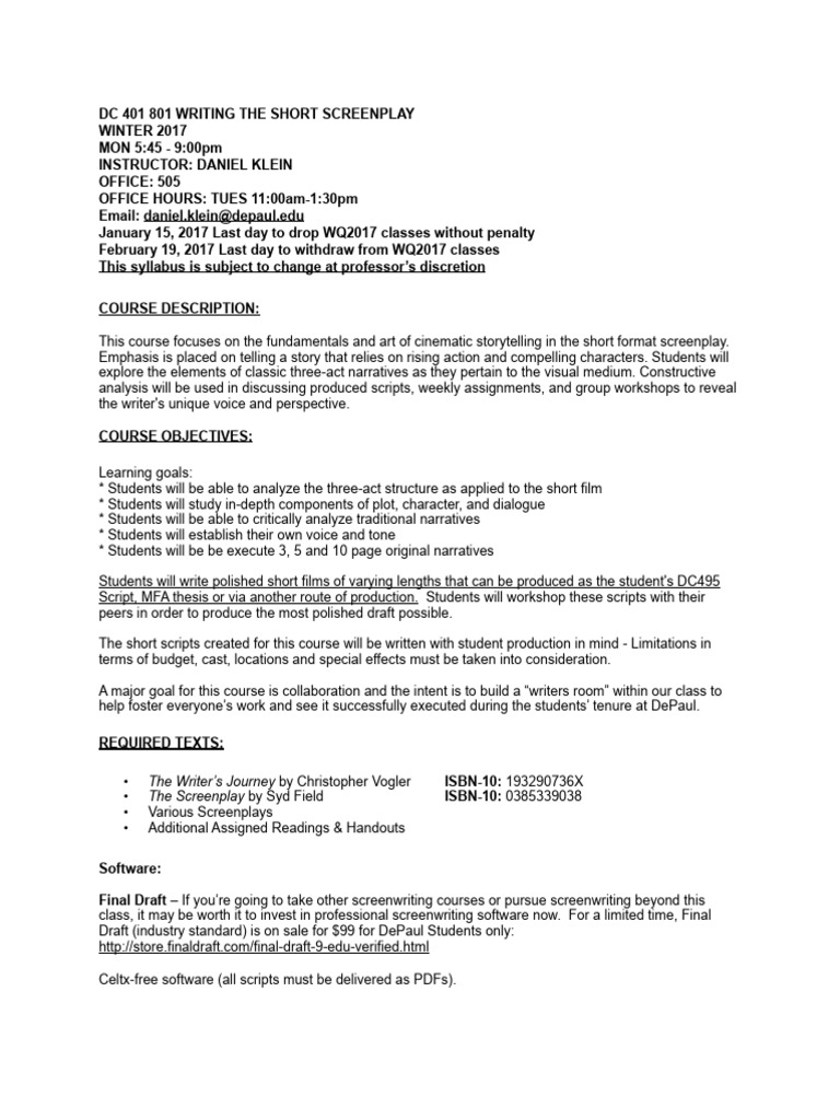 DC 401 801 WRITING THE SHORT SCREENPLAY FINAL | PDF | Screenplay | Plagiarism