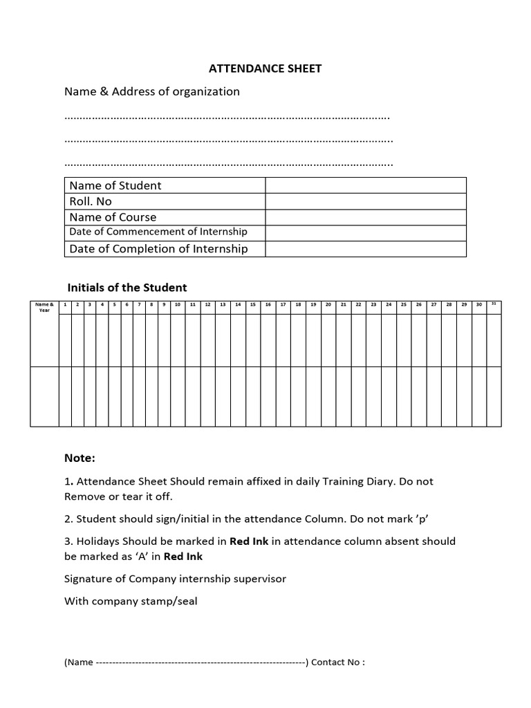 Internship Attendance Sheet Template | PDF