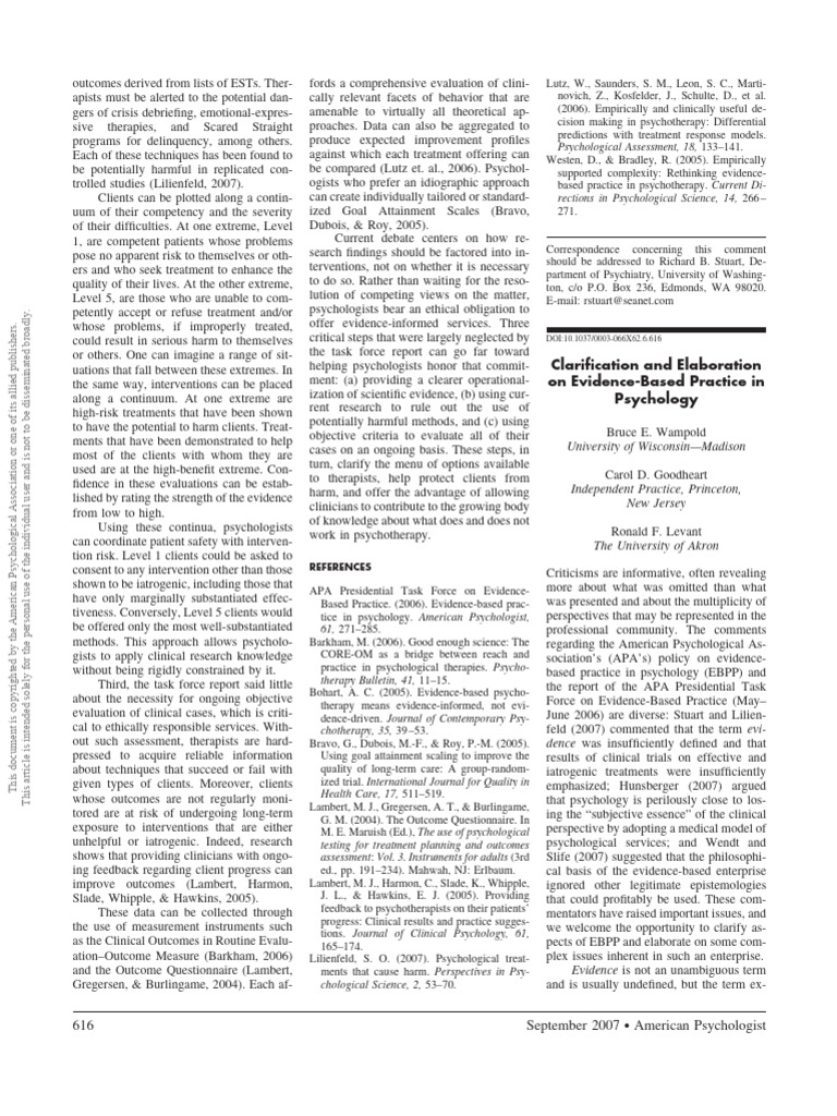 clarification and elaboration on EBPP Wampold et al 2007 | PDF | Psychotherapy | Psychology