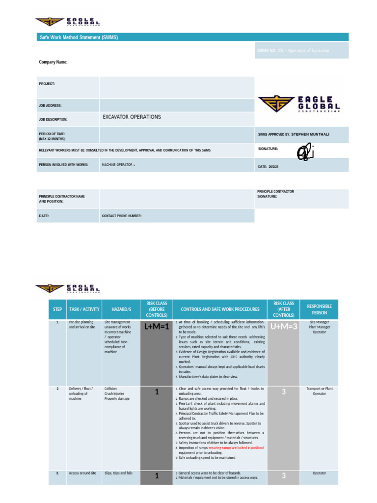EXCAVATOR SWMS EG3 | PDF | Occupational Safety And Health | Personal ...
