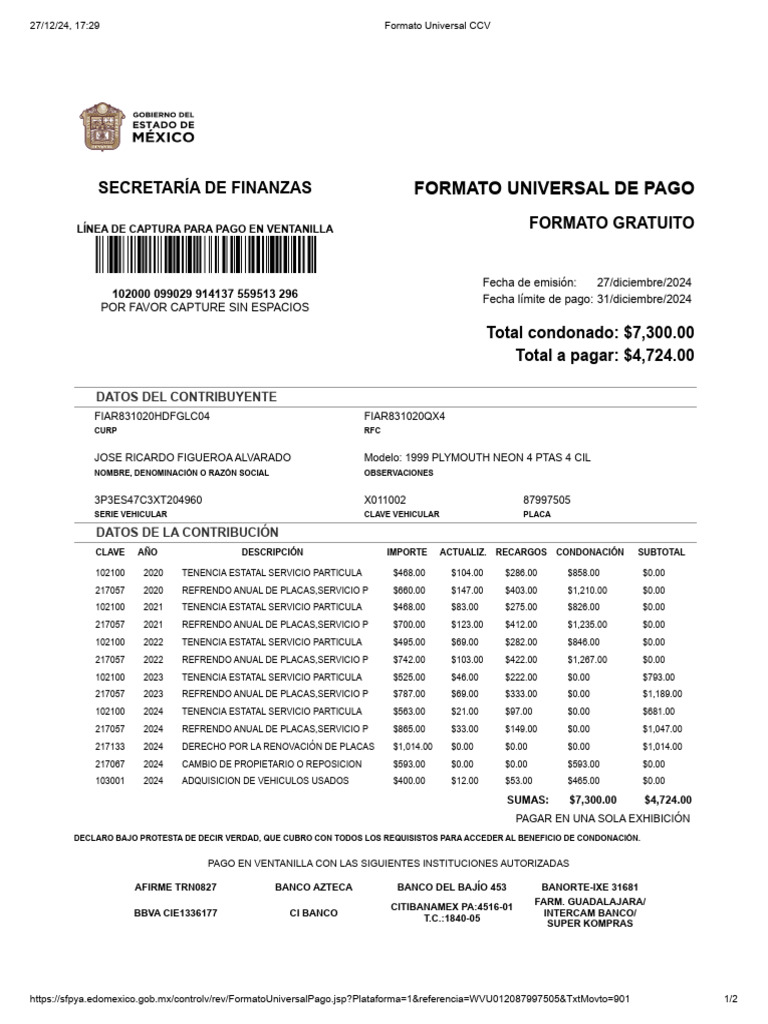 Pago de Tenencia y Refrendo 2020-2024 | PDF | Bancos | Finanzas personales