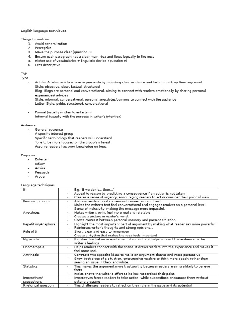 English Language Techniques | PDF | Argument | Narration