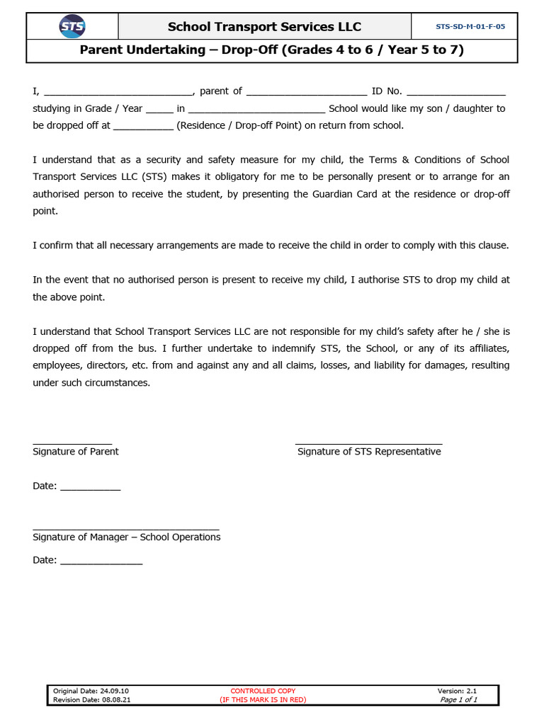 STS-SD-M-01-F-05 Parent Undertaking - Drop-Off Students of Grades 4 To ...