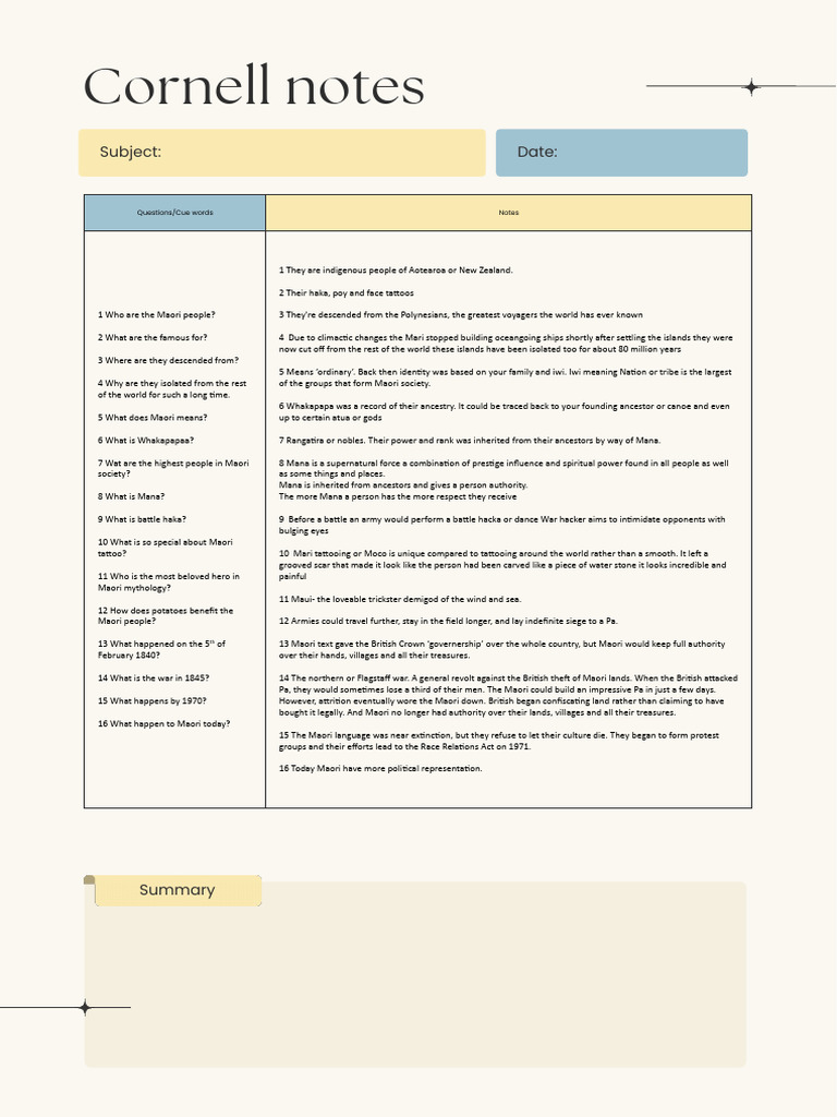 Cornell-Notes-Template-V1 Whale Rider | PDF | Māori People | Māori