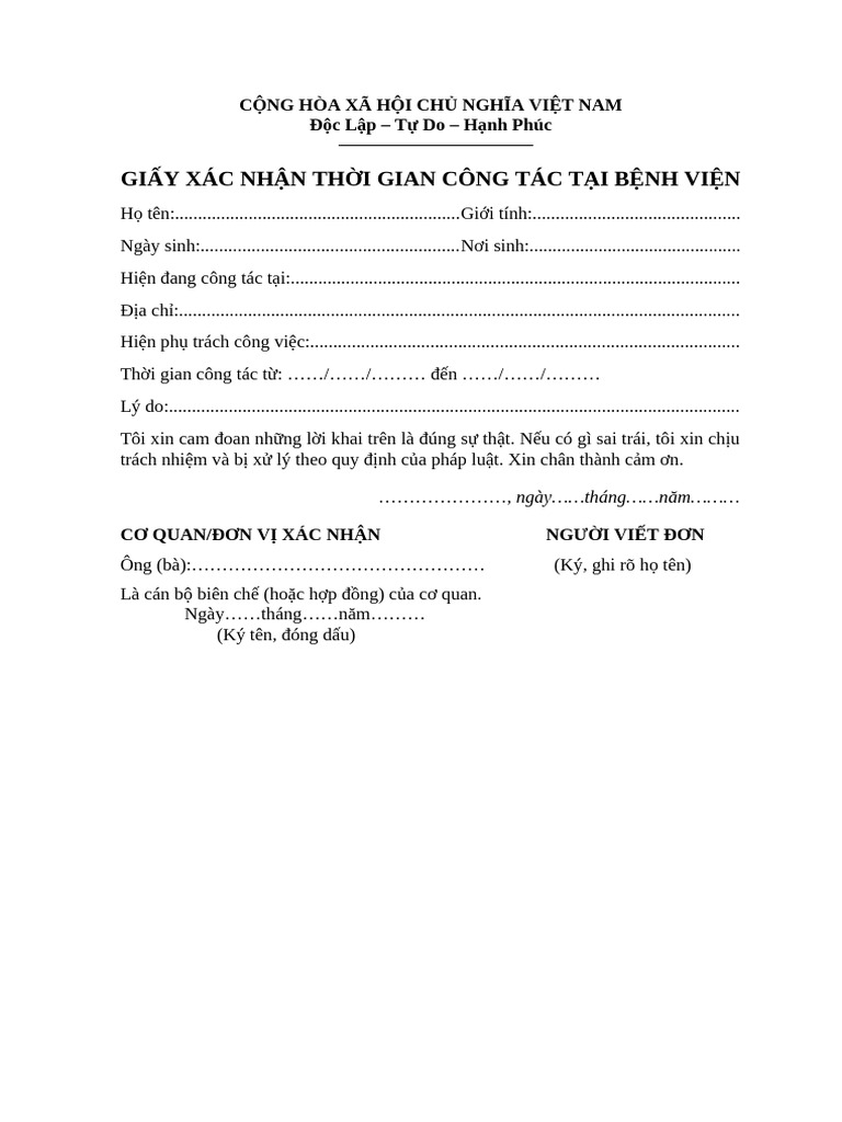 Giay Xac Nhan Thoi Gian Cong Tac BV | PDF