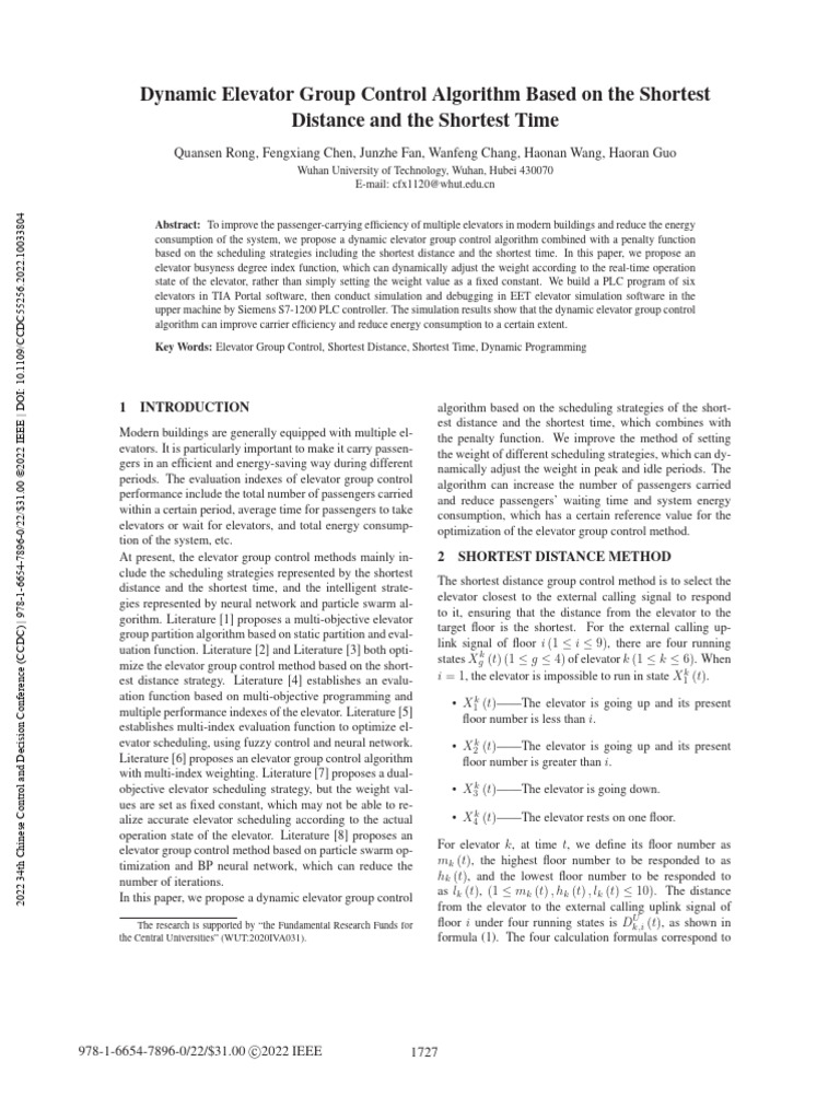 Dynamicelevatorgroupcontrolalgorithmbasedontheshortestdistanceandthe Pdf Elevator 