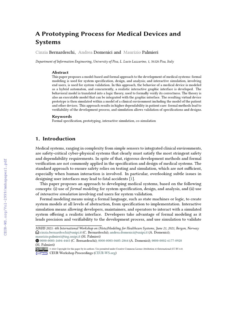 Lec-01 [ A Prototyping Process for Medical Devices and ] | PDF | Simulation | Formal Verification