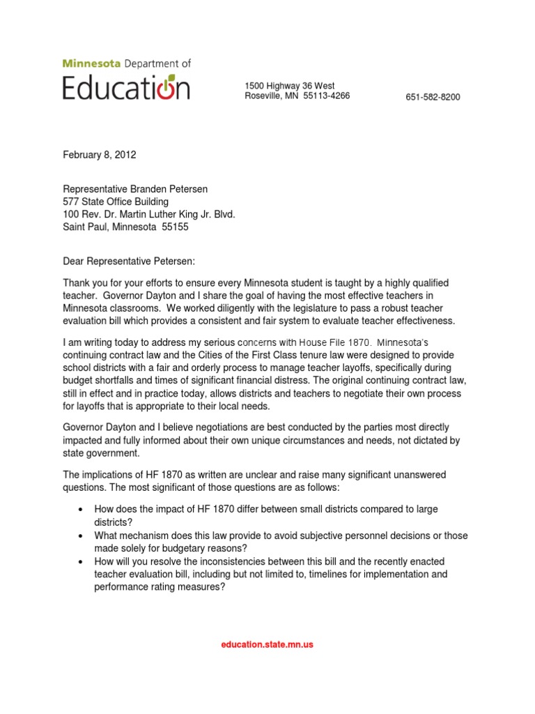 Commissioner Letter On HF1870 | PDF | Bill (Law) | Teachers