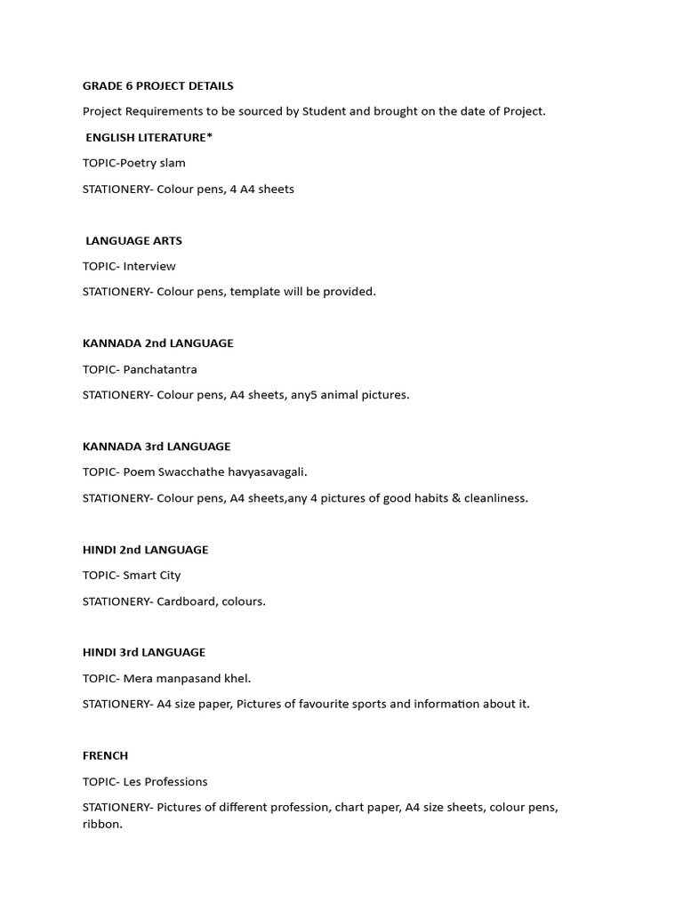 Grade 6 Project Details - Term I-24-25 | PDF