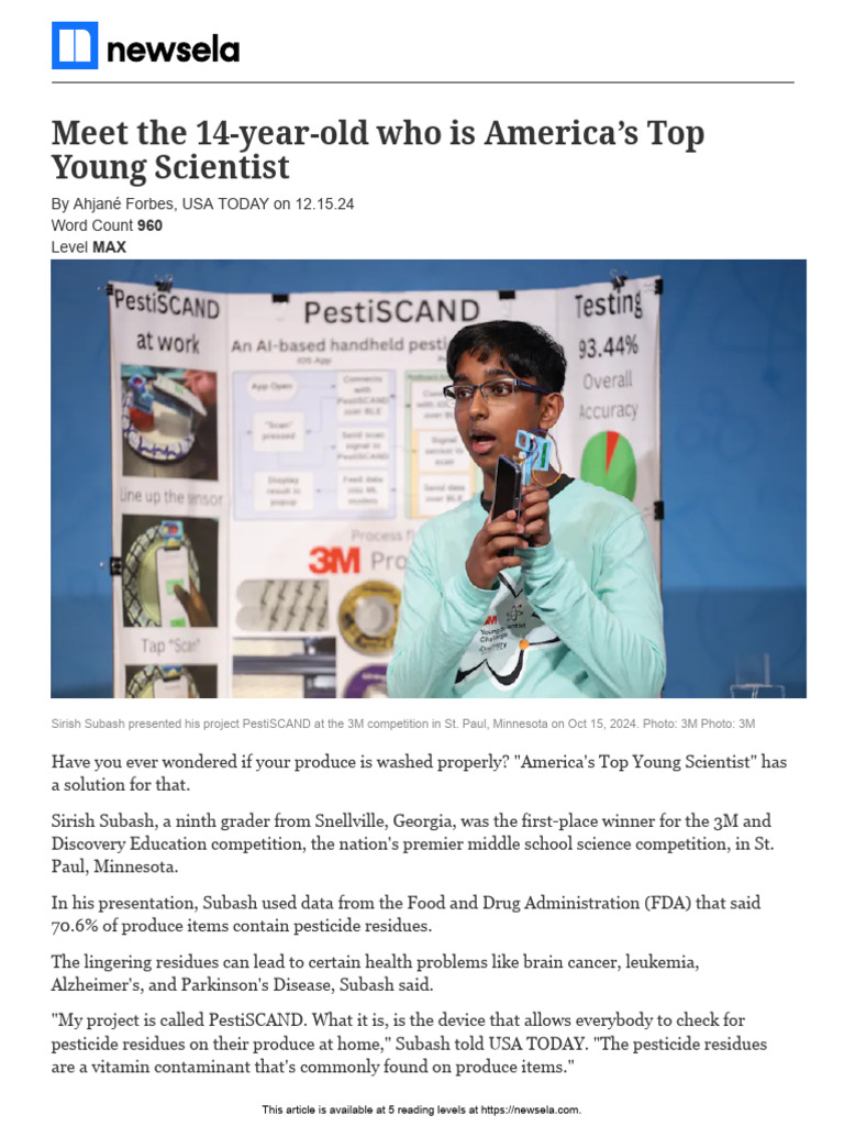 Teen Invents Pesticide Detection | PDF | Pesticide