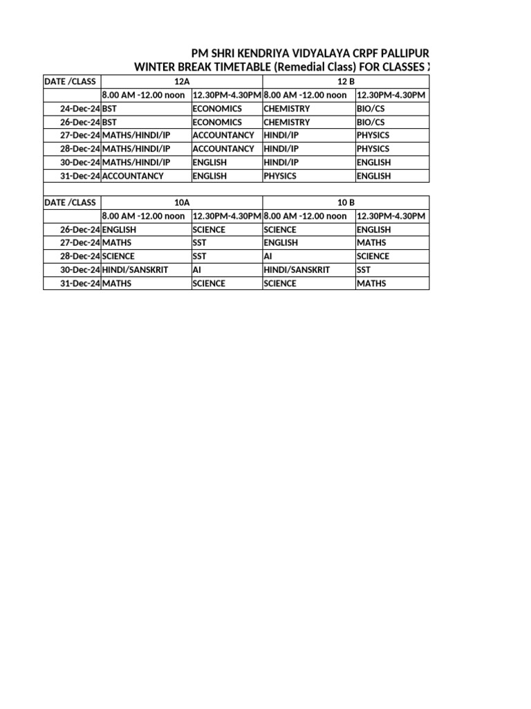 Winter Break Timetable 2024-25-1 | PDF