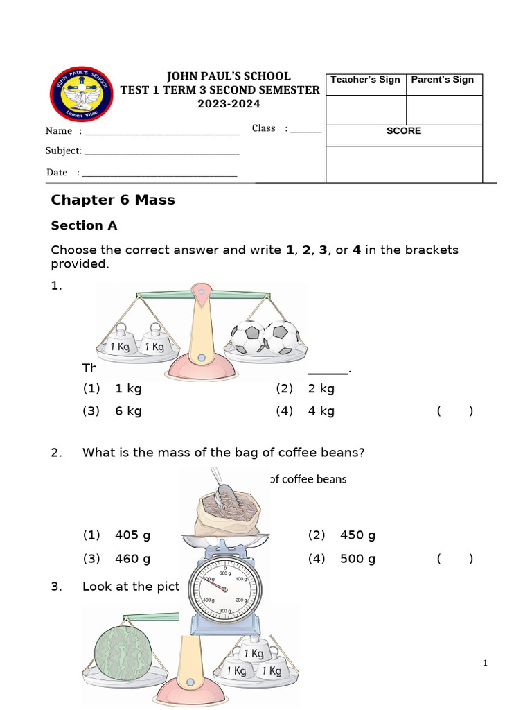 Math Paper Test CH 6 Mass | PDF | Mass