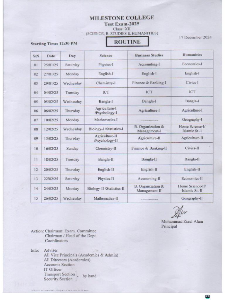 Class-XII, Test Exam-2025 Routine | PDF