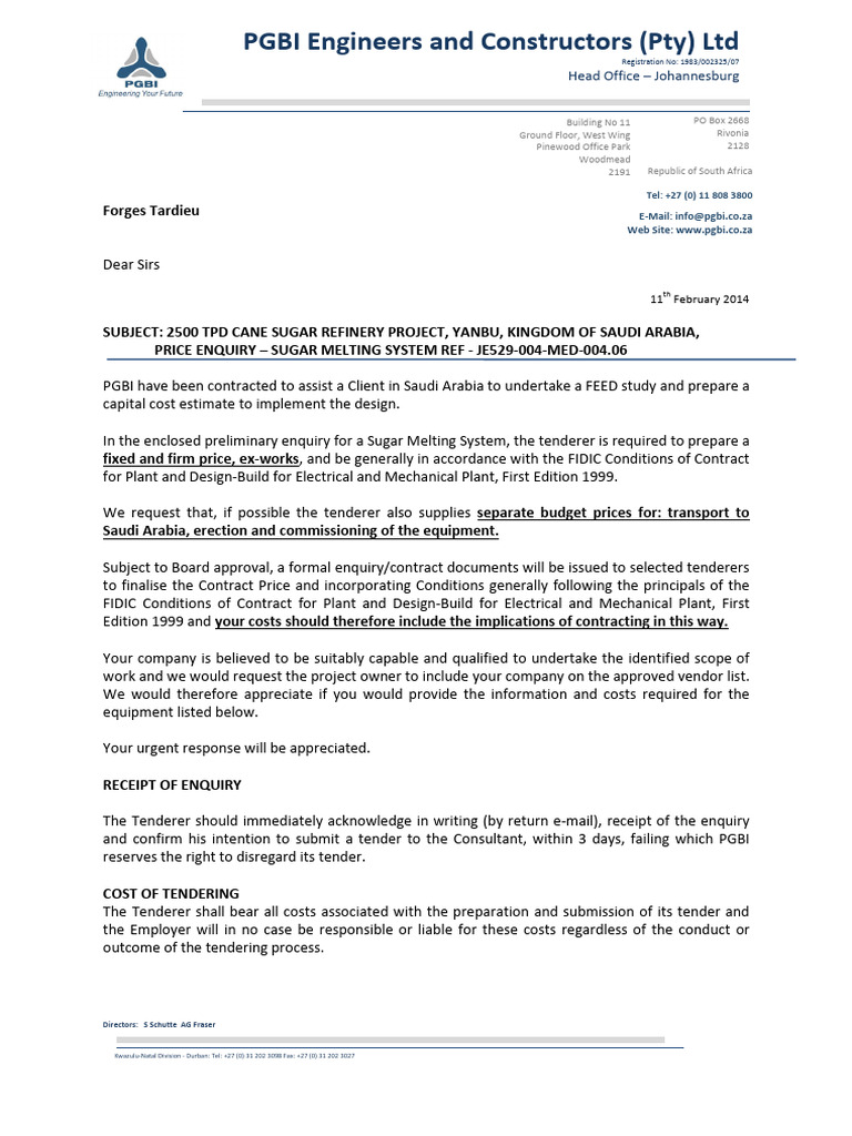 JE529-004-MED-004.06 Sugar Melting System Tender Letter Forges Tardieu ...