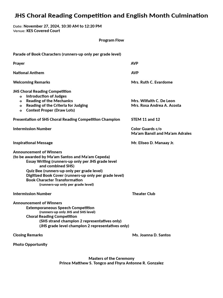 Program Flow - JHS Choral Reading Competition and English Month ...