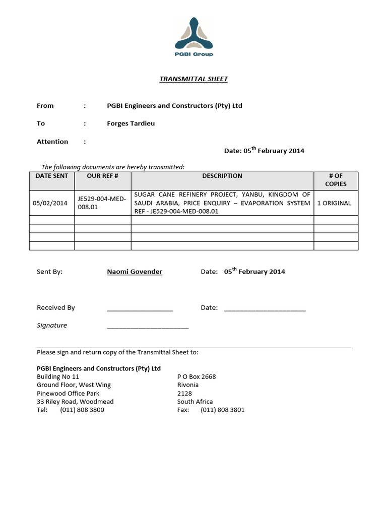 JE529-004-MED-008.01 Evaporation System Transmittal Sheet | PDF